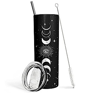 Goth Moon Tumbler with Lid and Straw - Moon Phase Gothic Decor - Black Vacuum Insulated Stainless Steel 20 Oz Witch Tumbler Cup- Halloween Spooky Gifts for Women -Goth, Witch Stuff -Moon Coffee Mug