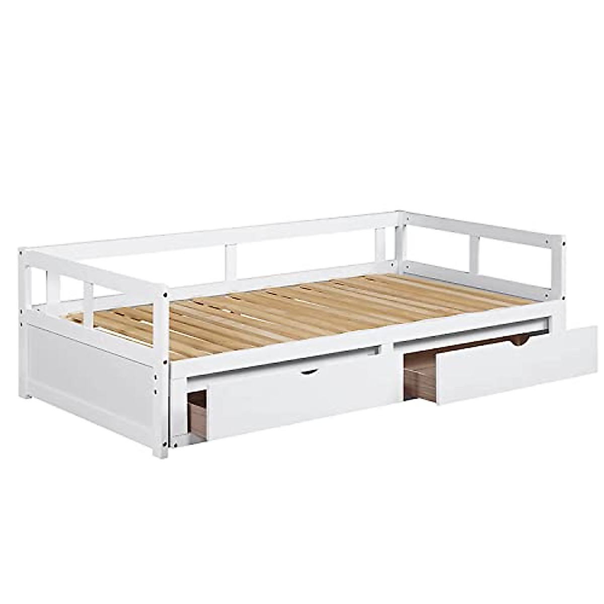 Wooden Extendable Daybed with Trundle Bed and Two Storage Drawers, Twin/King | Slat Support | Mattress Foundation | No Box Spring Needed | Easy Assembly | Bed Frame