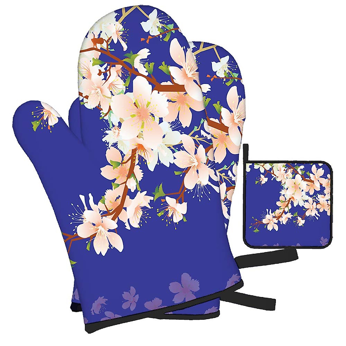 Swono White Floral Oven Mitts and Pot Holders Sets,Peach Tree with Flower in The Blue Background Kitchen Cooking Gloves Heat Resistant Baking for BBQ Grilling