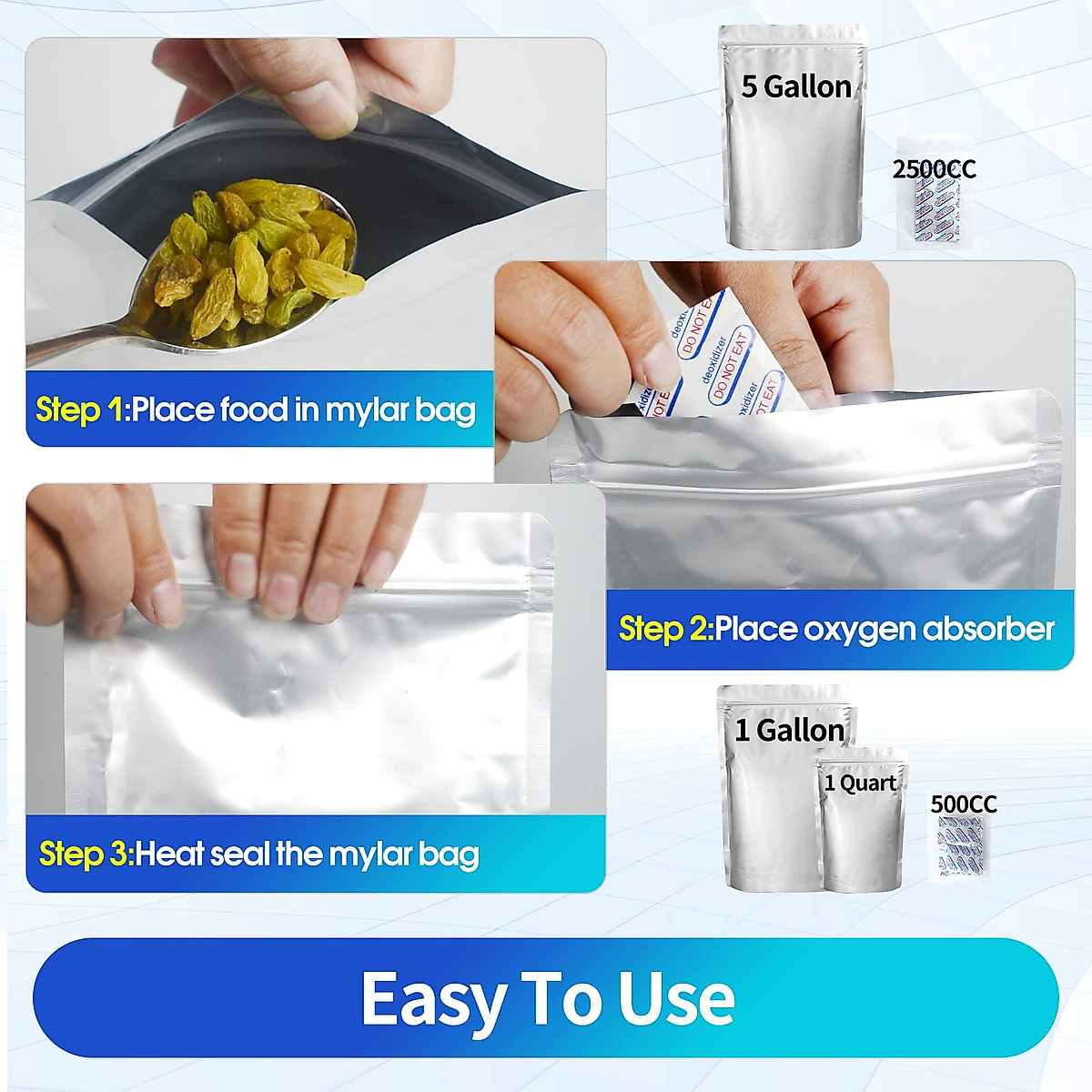 15 Mil 5 Gallon Mylar Bags for Food Storage with 2500cc Oxygen Absorbers - 55 Pack Mylar Bags 5 Gallon,1 Gallon,1 Quart 3 Size, 100 Pcs Labels and 500cc Oxygen Absorbers for Long Term Food Storage