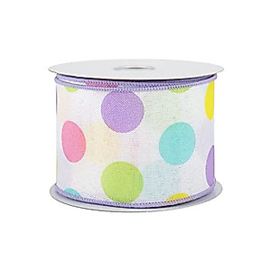 Pastel Polka Dots Wired Ribbon - 2 1/2" x 10 Yards, White, Pink, Purple, Blue, Green, Yellow, Easter, Spring, Baby Shower, Birthday Gift Bow, Wreath