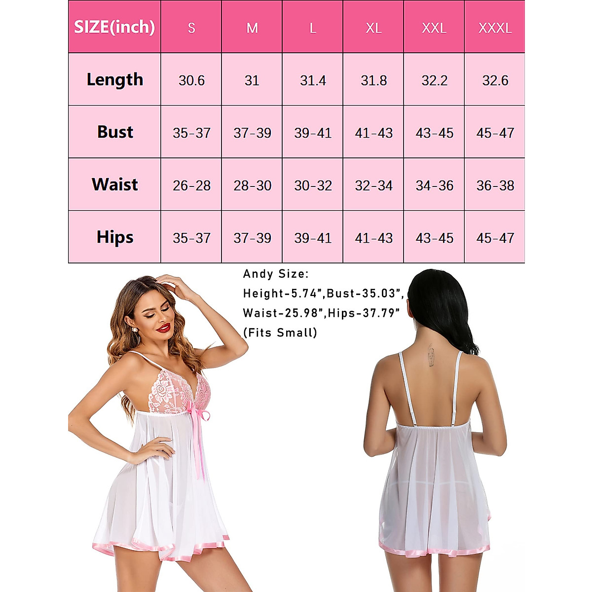 Avidlove Women White Lingerie Lace Babydoll Strap Sleepwear Sheer Chemise V neck Teddy White S