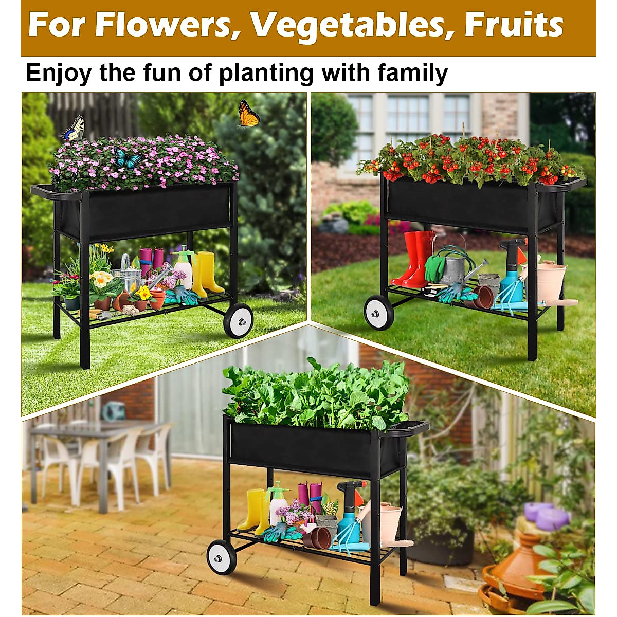 Koutemie Outdoor Raised Planter Box with Legs for Gardening, Elevated DIY Garden Bed Cart on Wheels for Vegetables Flower Tomato Herb Plant, Black