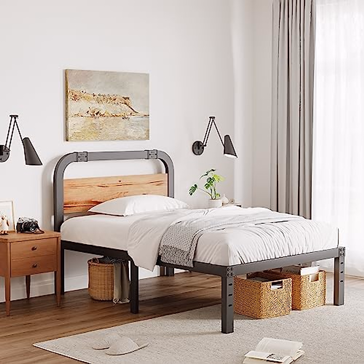 Aardhen Twin-XL Size Bed Frame 14 Inch Rustic Wood Headboard, Heavy Duty Steel Slats Support, Easy Assembly, No Box Spring Needed, Quiet and Sturdy