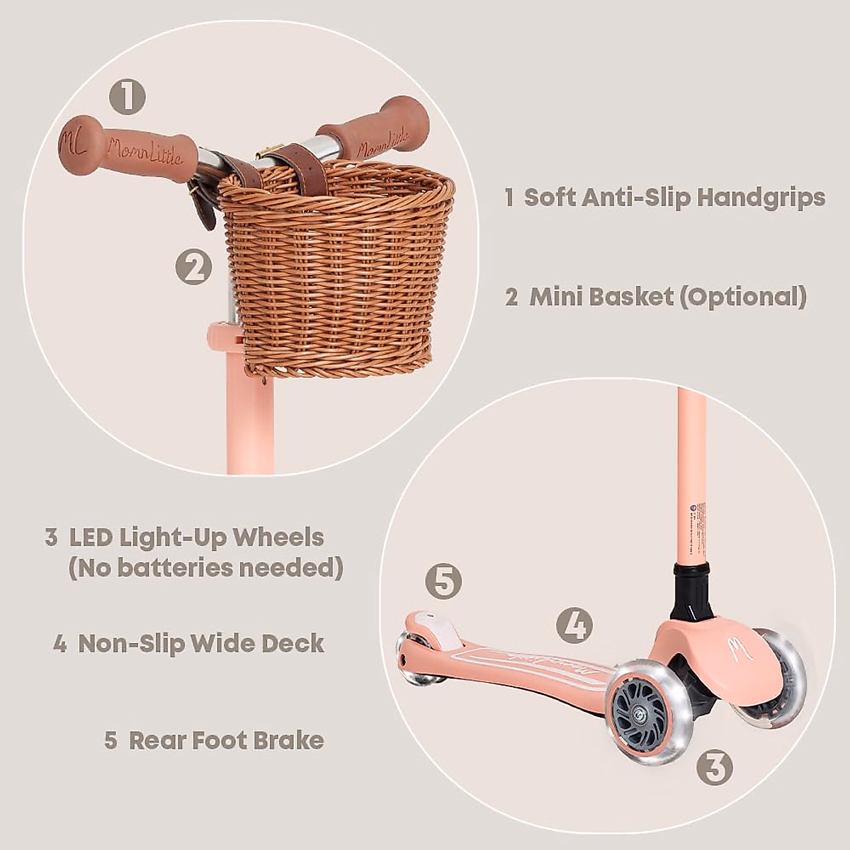 MomnLittle Kick Scooter for Kids Ages 3-10 (Pink) 3 Wheeled with LED Light-Up Wheels CPSC Certified Foldable and 4 Height Adjustable Toddler Scooters for Boys Girls