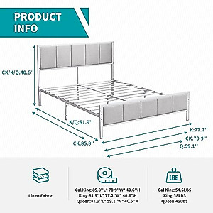 BALUS California King Size Bed Frame, Linen Upholstered Platform Bed Bedroom, Bed Frame with Channel Tufted Headboard, No Box Spring Needed - Light Grey