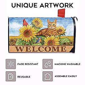 FBCOO Welcome Spring Summer Sunflower Cat Cardinal Mailbox Cover Magnetic Standard Size 21" x 19", Fall Autumn Kitty Tabby Flowers Decorative Post Letter Box Wrap Decor Red Bird Garden Yard Decoration