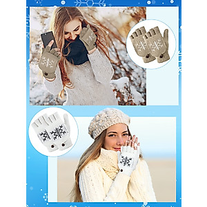 4 Pairs Women Knitted Winter Fingerless Gloves Thermal Convertible Knit Flip Wool Gloves Warm Half Finger Mittens for Women (White, Black, Gray, Khaki, Snowflake Style)