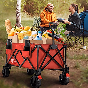 Overmont Collapsible Wagon Cart with Wheels - Foldable Heavy Duty Wagon with Big All-Terrain Wheels - 330Lbs Weight Capacity with Side Pockets for Camping Sports Garden Grocery Shopping red