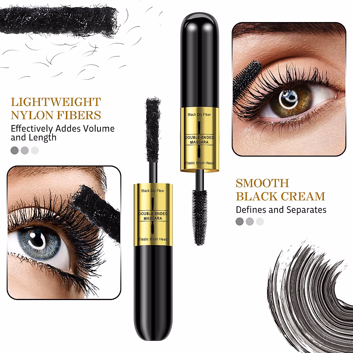 Mascara Black Volume and Length - Double Ended Mascara Voluminous Thick Curling with Dry Fiber, Waterproof Long-Lasting Mascara 5X Longer False Eyelash Comb Black