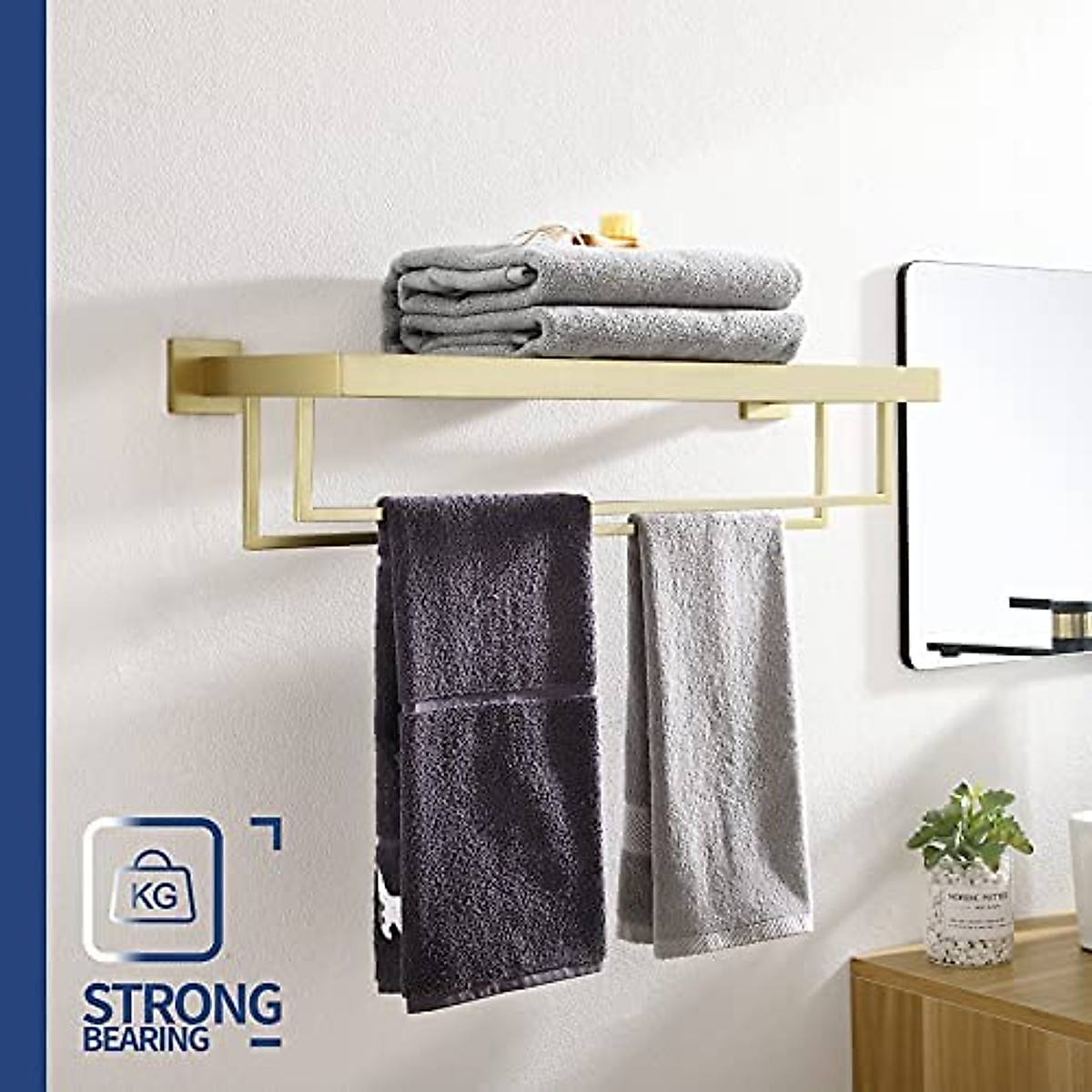 KOKOSIRI Towel Shelf Holder 24'' Bathroom Towel Rack Hand Towel Bar Swing Out Swivel Towel Holder Brushed Gold B6003BG+B5007BG-A2