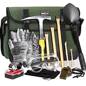 INCLY 15 PCS Geology Rock Pick Hammer Kit, 32oz Hammer & 3 PCS Digging Chisels Set for Rock Hounding, Gold Mining & Prospecting Equipment Tool Gear Shovel Musette Bag, Compass, Whistle, Wooden Chisel