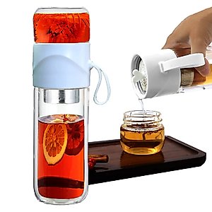Glass Tea Bottle Double Layer Glass Tea Infuser,14 oz Travel Mug with Strainer Tea Bottle for Loose Leaf Tea, Tea Cup with Stainless Steel Mesh Filter, Portable Glass Water Bottle (White)…