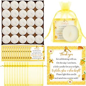 50 Sets Bee Theme Baby Shower Party Favors Include 50 Pcs Tea Light Candles for Guests 50 Pcs Bee Thank You Greeting Cards and 50 Pcs Yellow Organza Bags Return Gifts for Girls Gender Reveal Party