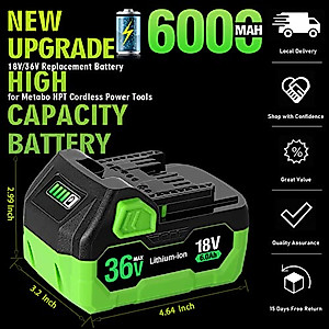 Jialitt 36V/18V 6.0Ah Li-Ion Replacement for Metabo HPT Battery MultiVolt 36V/18V 371751M 372121M BSL36A18 BSL36B18 Cordless Power Tools