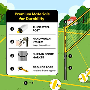 A11N Heavy-Duty 32ft Outdoor Volleyball Net with Anti-Sag System - Portable Set Includes Volleyball, Net, Air Pump, Boundary Markers and Bag - Perfect for Backyard, Beach, and Park
