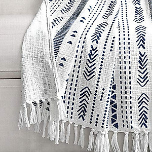 Lush Decor Hygge Stripe Cotton Slub Tassel Fringe Throw Blanet, 60" x 50", Navy & White