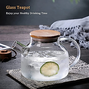 SITIEPA Glass Tea Pot Kettles Stovetop Safe, 33.8oz/1000ml Heatproof Borosilicate Glass Teapot Water Pitcher With Bamboo Lid and Removable Filter Spout for Loose Leaf and Blooming Tea