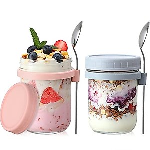 LANDNEOO 2 Pack Overnight Oats Containers with Lids and Spoons, 16 oz Glass Mason Jars for Overnight Oats, Large Capacity Airtight Jars for Milk, Cereal, Fruit (Pink+Grey)