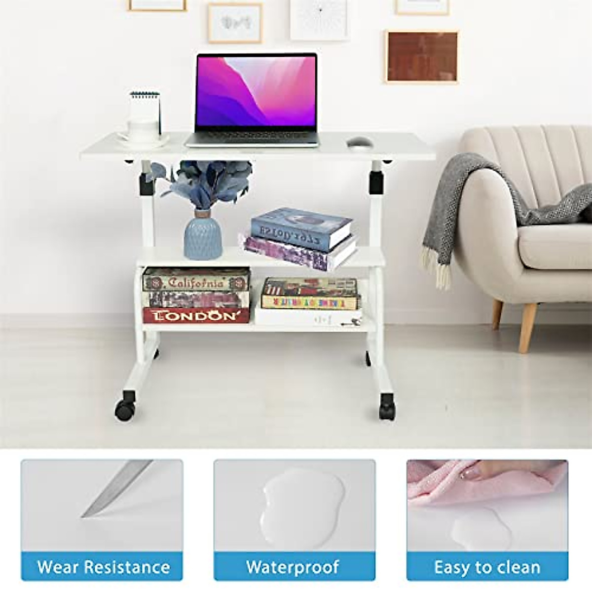 Computer-Desk Office-Desk, Small-Folding Gaming-Laptop Home-Office Desks for Small Spaces, Writing Study Desk Table with Storage for Home Bedroom, Adjustable Height 32×16×25-36 inches (White)