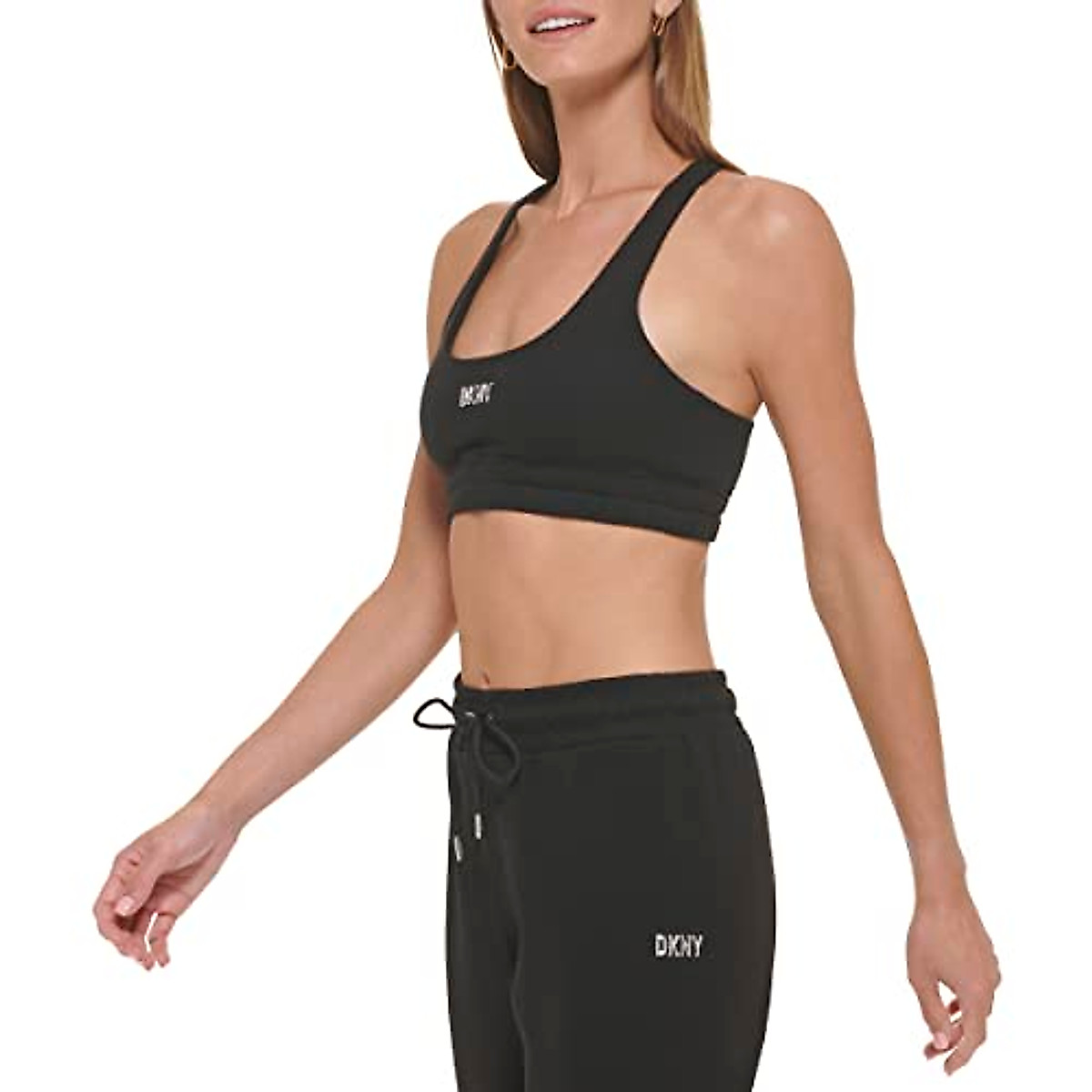 DKNY Sport Women's Performance Support Yoga Running Bra, Black/Silver
