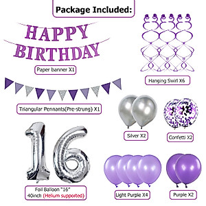 Cooshine 16th Birthday Party Decorations for Girls Purple and Silver, Light Purple Lavender Party Decoration with Happy Birthday Banner Trianguler Pennants Latex Confetti Balloons