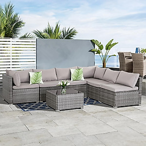 Seogwisam 7 Pieces Patio Furniture Set,Wicker Outdoor Conversation Set,Rattan Sectional Sofa Set w/Washable Cushions & Glass Coffee Table for Porch Poolside Backyard-Gray/Gray