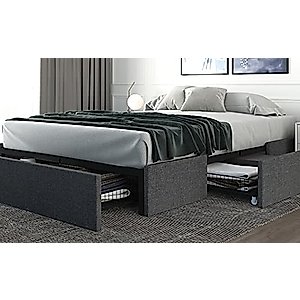 HOOMIC Upholstered Queen Platform Bed Frame with 3 Storage Drawers, No Fixed Headboard Design, Mattress Foundation with Wooden Slats, No Box Spring Needed, Noise Free, Dark Grey