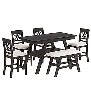 Farmhouse Counter Height 6-Piece Dining Set, Heavy Solid Wood Kitchen Dining Room Table Set, 60 in Triangular Design Bar Table with Storage Shelf, Bench and 4 Chairs with Soft Cushion (Espresso)