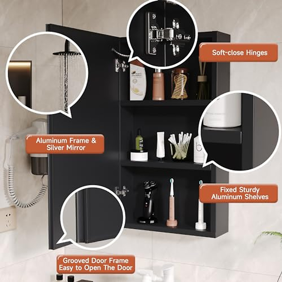 Seenvlog Bathroom Medicine Cabinet with Lights, 15.7" x 27.5" LED Mirror Cabinet, 3-Color Temp, Black Bathroom Storage Cabinet Anti-Fog, Wall Mount