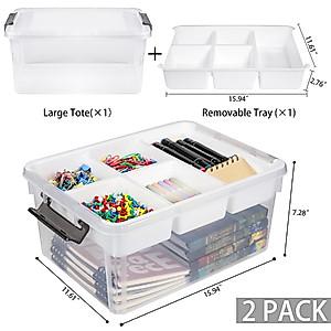 2 Pack 17 QT Plastic Storage Bins with Lids, Art Supply Storage Organizer with Removeable Tray, Clear Storage Box for Craft, Lego, Crayon, Sewing, Bead and Tool, Stackable Craft Organizer
