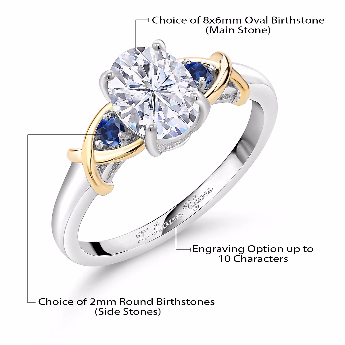 Gem Stone King 925 Sterling Silver and 10K Yellow Gold Customized and Personalized 3-Stone 8X6MM Oval and 2MM Round Gemstone Birthstone Name Engraved Ring For Women (Size 7)
