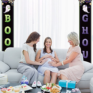 Pudodo Halloween Gender Reveal Porch Banner Booy or Ghoul Ghost Baby Shower Front Door Sign Wall Hanging Holiday Party Decoration