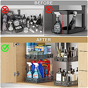 Iirios Under Sink Organizers and Storage, Height Adjustable 2-Tier Bathroom Cabinet Organizer, Metal Bathroom Sink Organizer with 4 Hooks, Multi-use Under Sink Storage for Bathroom Kitchen, 2 Pack