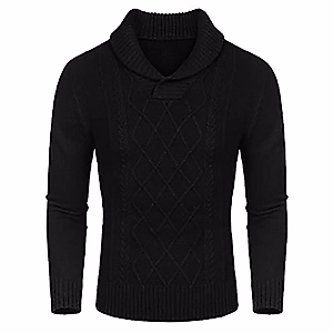 COOFANDY Men's Shawl Collar Sweaters V-Neck Cotton Relaxed Fit Cable Pullover (Black&, Medium)