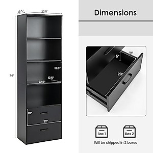 JIMUOO 74’’ Tall Bookshelf with Drawers, 4 Shelf Bookcase with Storage Cabinet, 4 Tier Wooden Book Display Shelf Storage Organizer for Bedroom Office Home Living Room