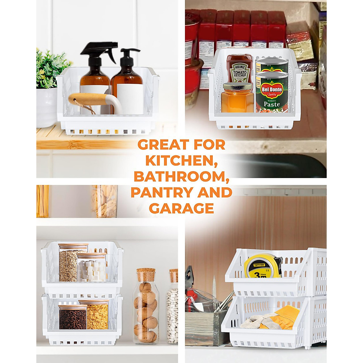 Skywin Plastic Stackable Storage Bins for Pantry - 4-Pack Small Open Front Storage Bins For Toy Organizers and Storage Bins For Pantry, Kitchen, and Bathroom Essentials (White)