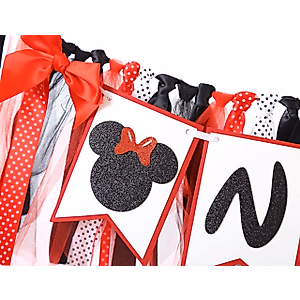 Minnie One High Chair Banner - Mouse 1st/First Birthday Decorations,Minnie 1st/First Birthday High Chair,Red And Black Minnie Highchair Banner,Mouse First Photo Props.