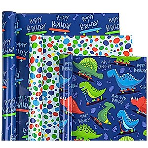WRAPAHOLIC Birthday Wrapping Paper Roll - Mini Roll - 3 Rolls - 17 Inch X 120 Inch Per Roll - Cute Dinosaurs, Happy Birthday Lettering, Polka Dot for Kid's Birthday, Baby Shower