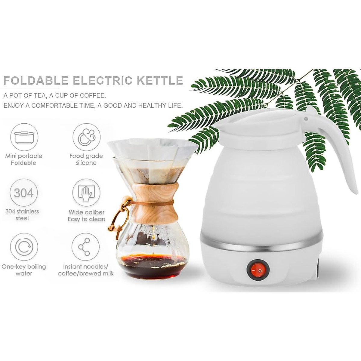 Foldable Electric Kettle,Upgraded Food Grade Silicone,600ML Small Portable Travel Electric Kettle, 400W Travel Electric Kettle, 110V US Plug (White)