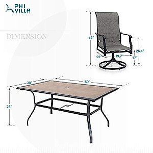 PHI VILLA 7 Piece Patio Dining Set, 6 Metal Swivel Dining Chairs Padded with Fast-Dry Foam & 1 Metal 60"x38" Rectangle Wood-Like Dining Table Clearance for Garden Pool & Deck