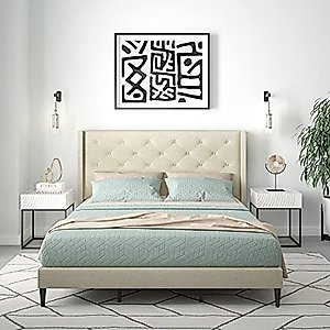 Glenwillow Home Huppe Upholstered Platform Bed Frame/Button Tufted MCM Wingback/Mattress Foundation/No Box Spring Needed/Easy Assembly, Beige, California King