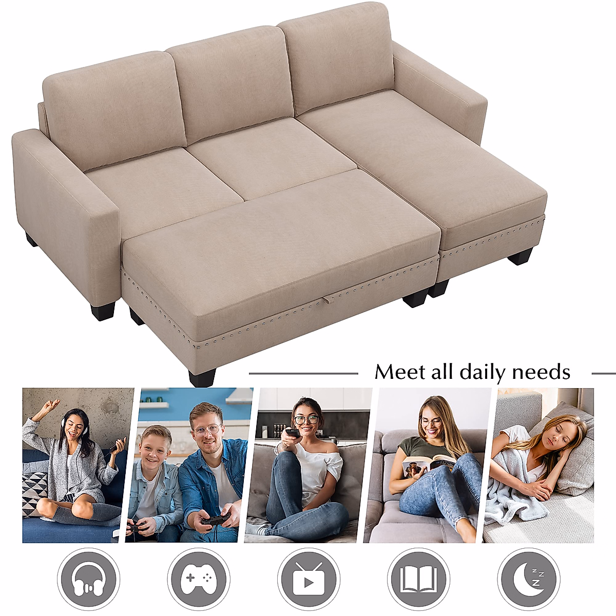 LOIHB 81"" Reversible Sectional Couch with Storage Chaise L-Shaped Sofa for Apartment Sectional Set,Sectional Sofa,Nailhead Textured Linen Fabric 3 Pieces Sofa Set,Warm Grey, GS001066AAE