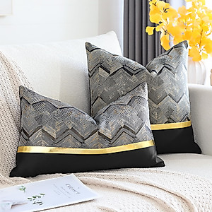 OTOSTAR Set of 2 Throw Pillow Covers for Bed Couch Sofa Car Decor Luxury Modern Minimalist Gold Leather Stitching Wavy Stripes Square Pillowcase Cushion Cover Black, 16x16 Inch