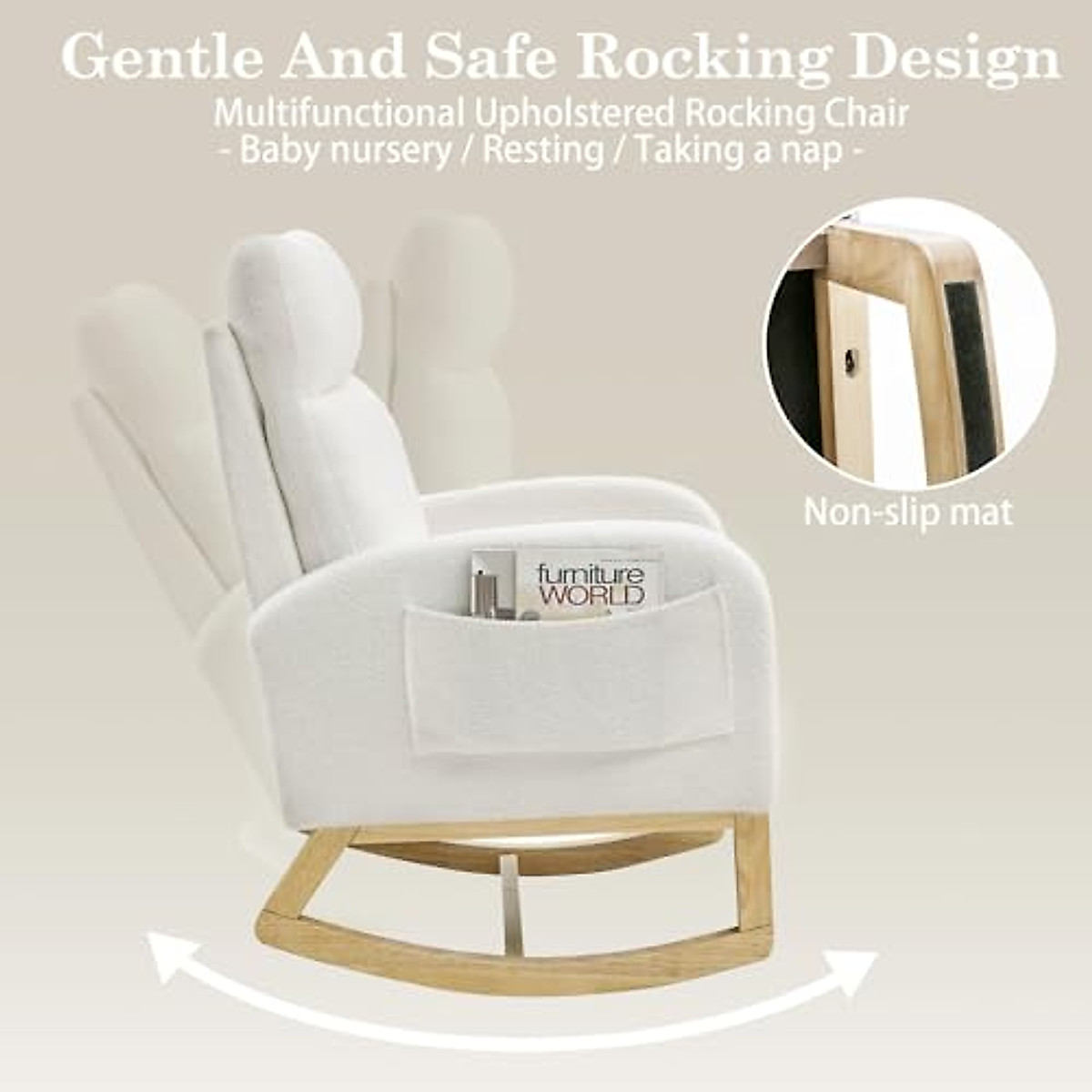 JEEOHEY Rocking Chair Nursery,Teddy Fabric Upholstered Baby Glider Rocker Chair,Comfy Accent Arm Chair with Side Pockets&Solid Wood Legs,Modern Nursing Single Sofa Chair for Living Room,Bedroom(White)