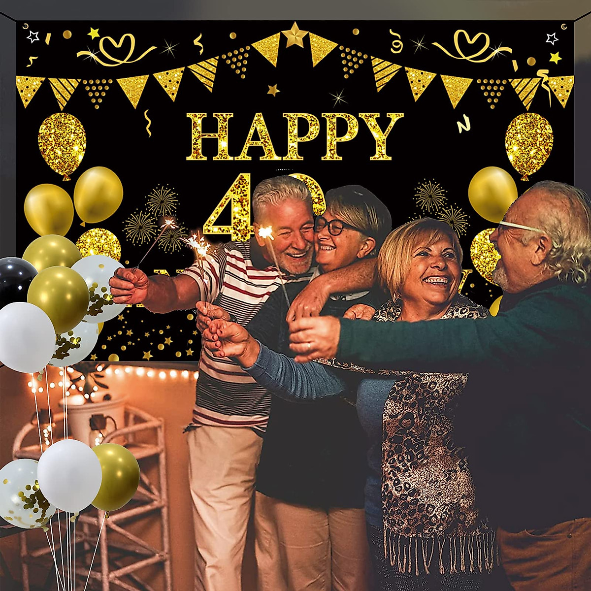 DARUNAXY 40th Wedding Anniversary Decorations, Large Happy 40th Anniversary Banner 70 x 43inch, 60PCS Black Gold Confetti Balloons, 2PCS Tablecloths for Cheer to 40 Year Party Supplies for Men Women