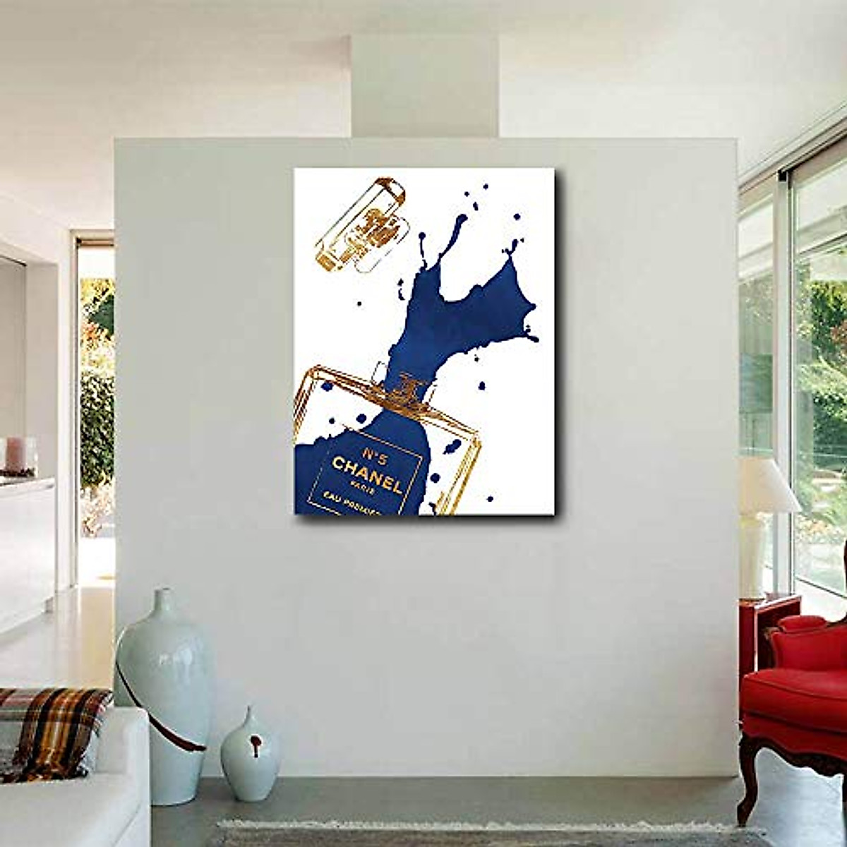 Home Decor Canvas Wall Art-HD Prints On Premium Canvas，Framed for Bedroom Bathroom Living Room Home Office Decor-Gold Perfume Bottle with Navy Blue Splash