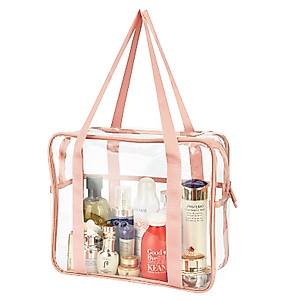 HAOGUAGUA Extra Large Clear Cosmetic Makeup Bag, Transparent PVC Tote Shoulder Bag Stadium Approved, Waterproof Clear Toiletry Carry Pouch Makeup Artist Bag Diaper Bag (Pink)