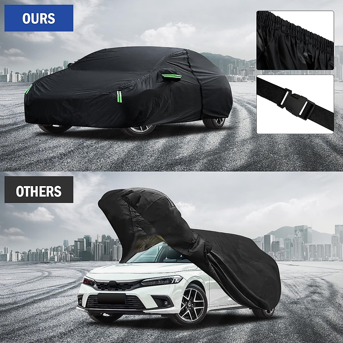 Waterproof Car Cover with Door Zipper for Toyota Corolla 2000-2023 and Honda Civic 1991-2023, All Weather Outdoor Full Exterior Covers for Rain, Sun, Wind Protection, Universal Fit Sedan 178-185 inch