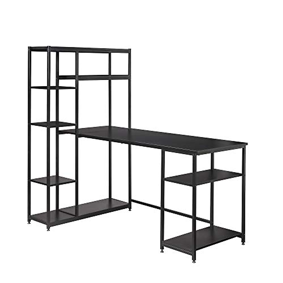 Modern Luxe L-Shaped Corner with Bookshelf 2-Pieces Computer PC Table Set Home Office Desk with Shelves, Black